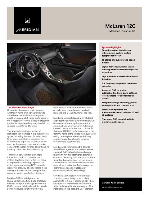 McLaren 12C Data Sheet - Meridian Audio