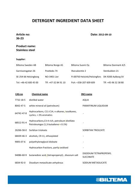 DETERGENT INGREDIENT DATA SHEET - Biltema