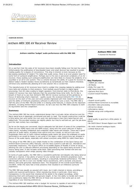 Anthem MRX 300 AV Receiver Review - Koda