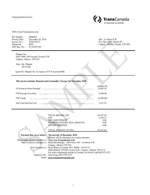 Sample Invoice: FT-P with Receipt Credit - TransCanada