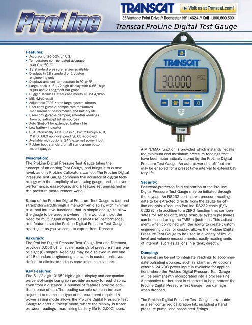 Transcat ProLine Digital Pressure Gauge