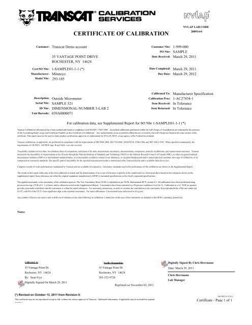 CERTIFICATE OF CALIBRATION - Transcat