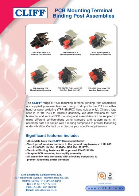 PCB Mounting Terminal Binding Post Assemblies - Cliff