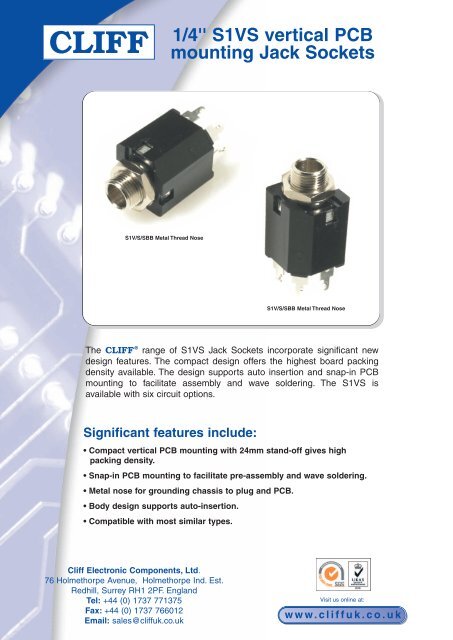 CLIFF 1/4'' S1VS vertical PCB mounting Jack Sockets