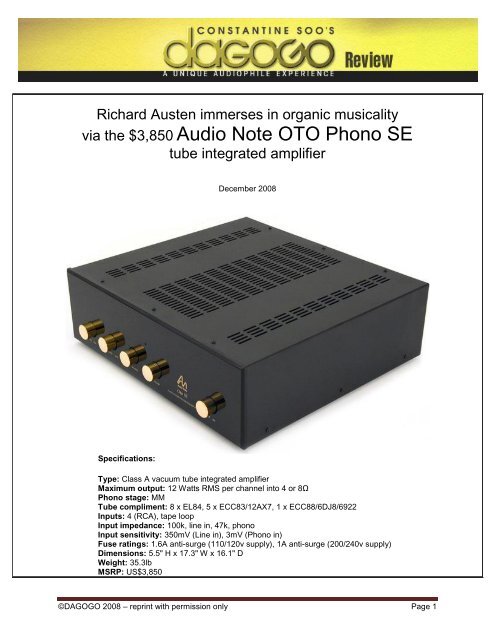 via the $3,850 Audio Note OTO Phono SE