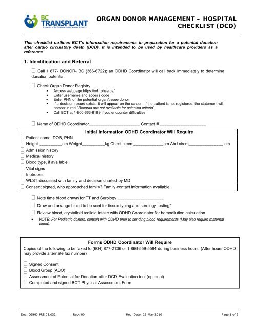 ORGAN DONOR MANAGEMENT â HOSPITAL CHECKLIST (DCD)