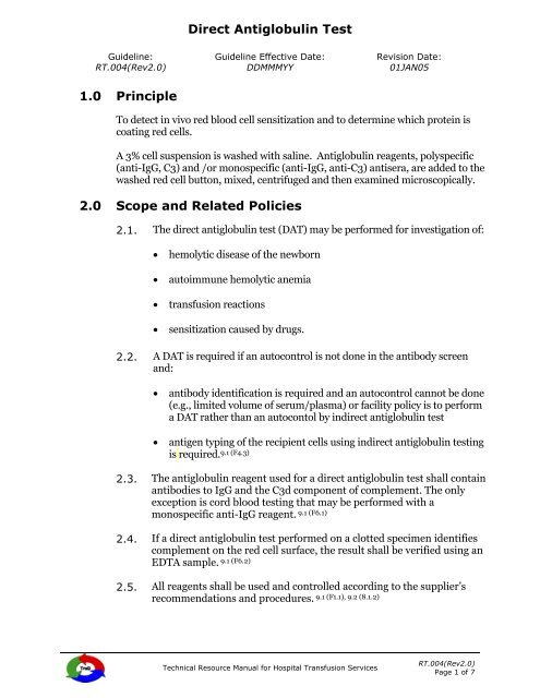 Direct Antiglobulin Test 1.0 Principle 2.0 Scope and Related Policies