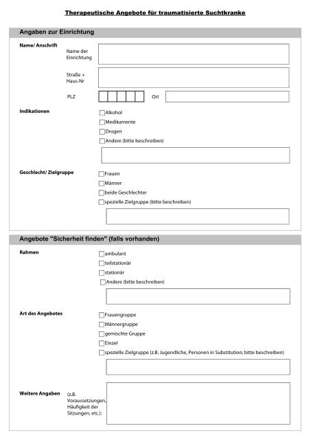 Formular fÃ¼r Einrichtungen - Trauma und Sucht