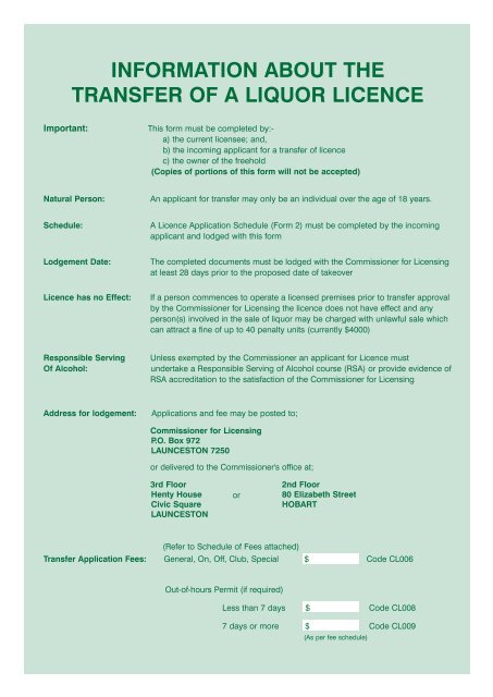 Application for Transfer of a Liquor Licence
