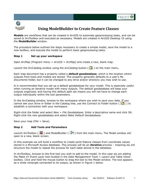 Using Model Builder To Create Feature Classes Trent University 5175