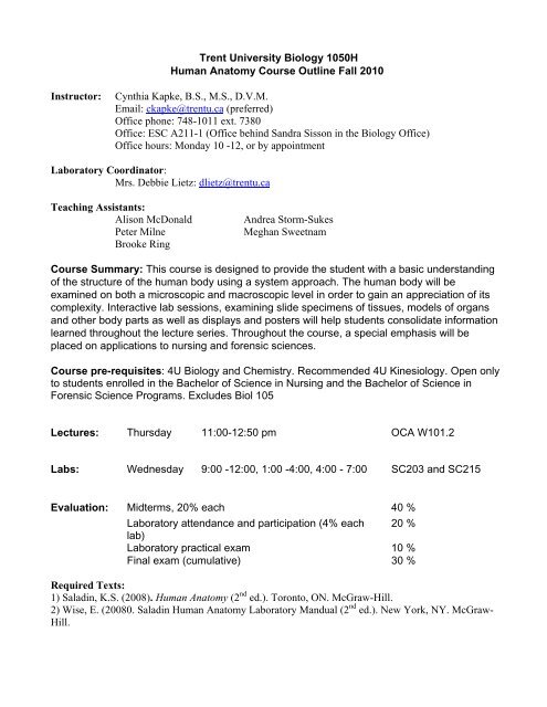 Trent University Biology 1050H Human Anatomy Course Outline Fall 