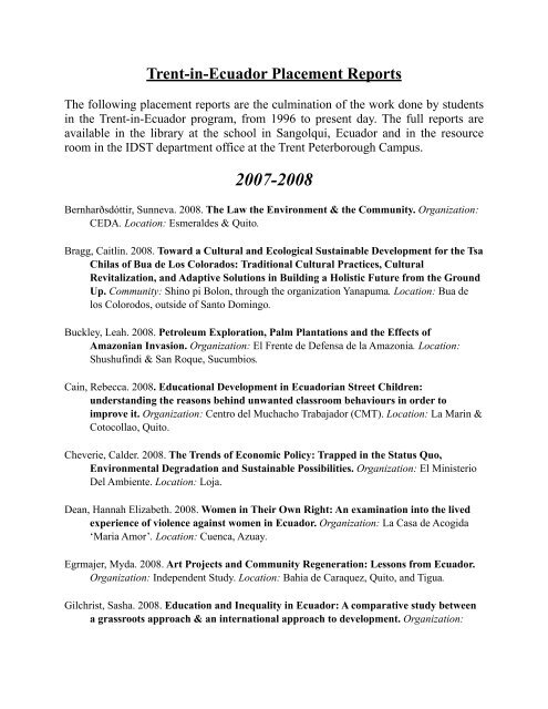 PLACEMENT REPORT LIST - TITLES w:o ... - Trent University