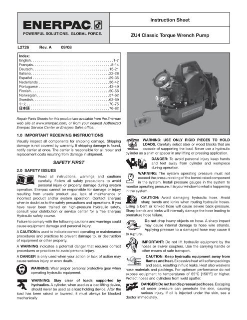 Instruction Sheet ZU4 Classic Torque Wrench Pump - Enerpac