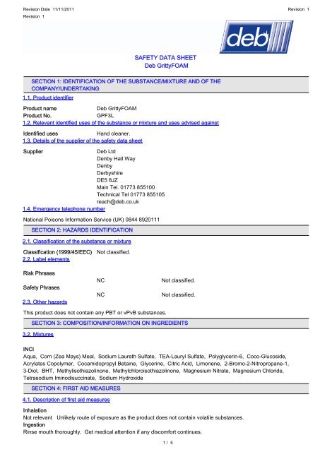 SAFETY DATA SHEET Deb GrittyFOAM