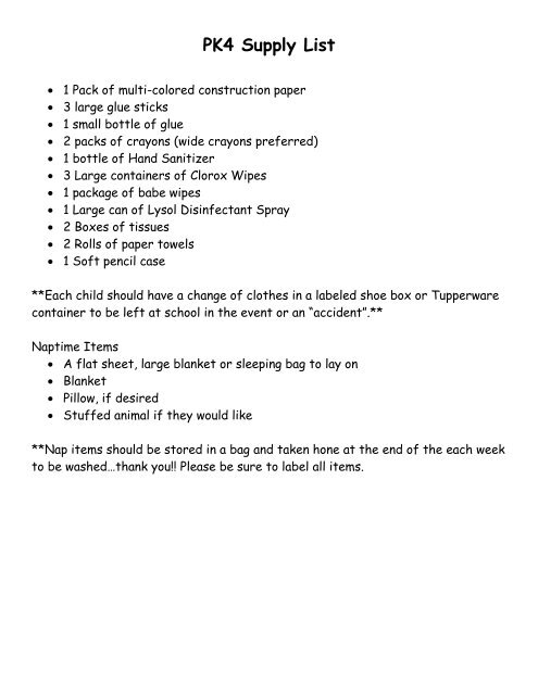 PK4 Supply List - Edgarton Christian Academy