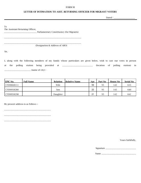 LETTER OF INTIMATION TO ASST. RETURNING OFFICEER FOR MIGRANT VOTERS