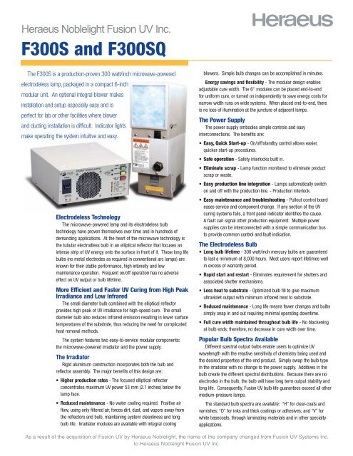 F300S and F300SQ - Fusion UV Systems Inc.