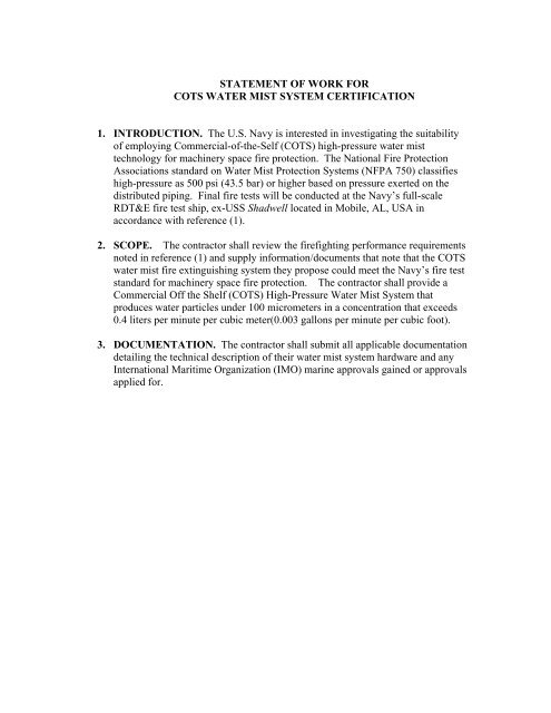 STATEMENT OF WORK FOR COTS WATER MIST ... - U.S. Navy
