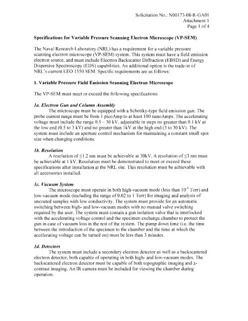 Specifications For Variable Pressure Scanning Electron Microscope