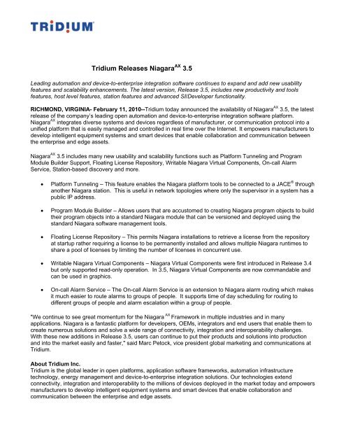 Tridium Releases Niagara AX 3.5