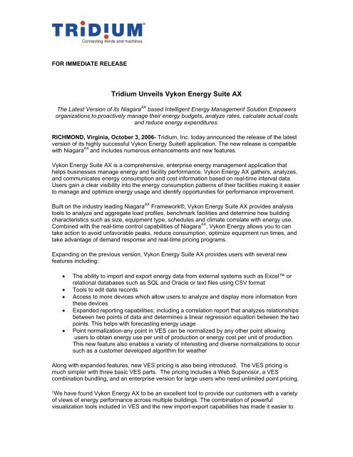 Tridium Unveils Vykon Energy Suite AX