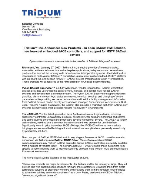 an open BACnet HMI Solution, new low-cost embedded ... - Tridium