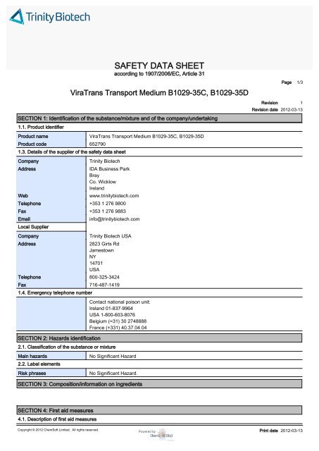MSDS - Trinity Biotech PLC