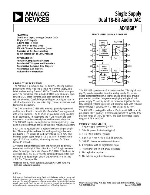 AD1868* Single Supply Dual 18-Bit Audio DAC - VasilTech Audio