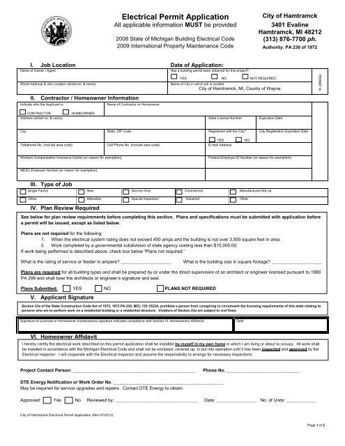 ELECTRICAL PERMIT APPLICATION - City Of Hamtramck