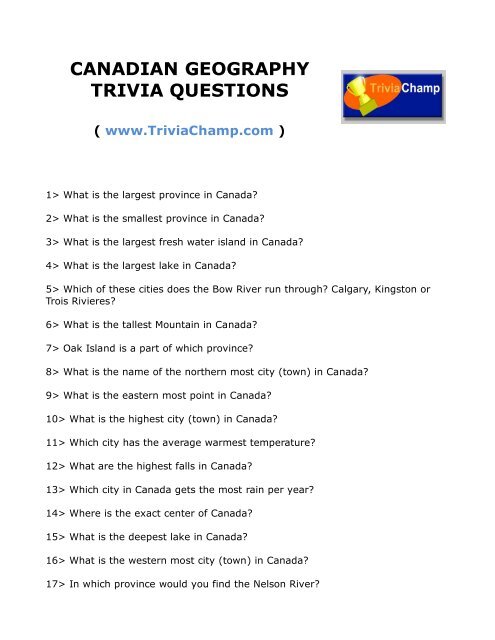 CANADIAN GEOGRAPHY TRIVIA QUESTIONS - Trivia Champ CANADIAN GEOGRAPHY TRIVIA QUESTIONS - Trivia Champ