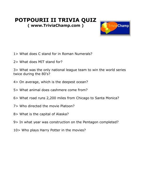 To Print This Quiz - Trivia Champ