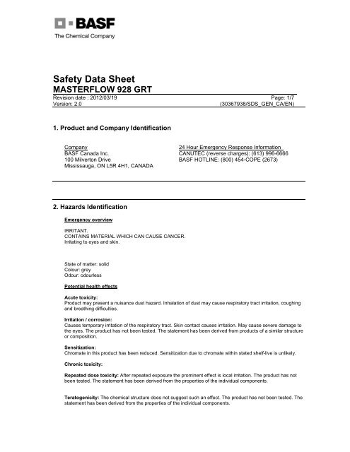 MBT Masterflow 928 Grout MSDS - Brock White