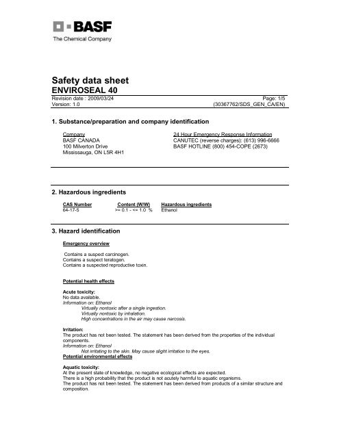 BASF Hydrozo Enviroseal 40 MSDS - Brock White