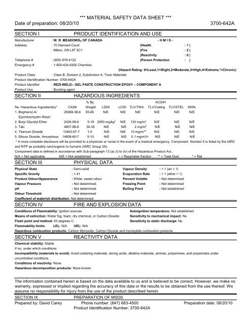 Meadows Rezi-Weld Gel Paste MSDS (A+B) - Brock White
