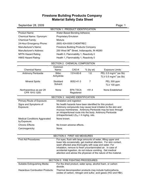 Firestone Waterbased Adhesive MSDS - Brock White