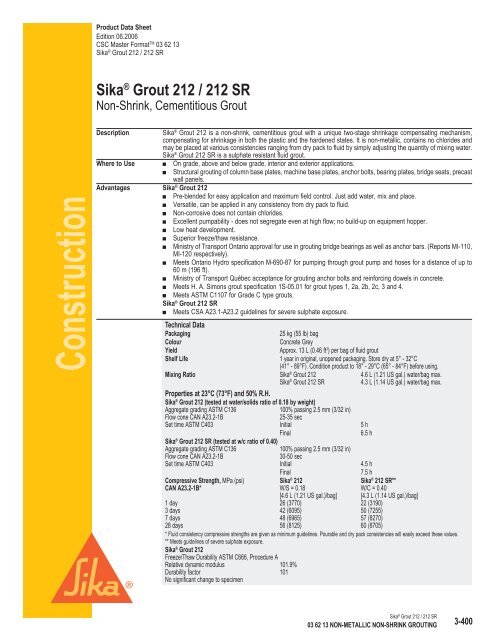 Sikagrout 212 Product Data Sheet - Brock White