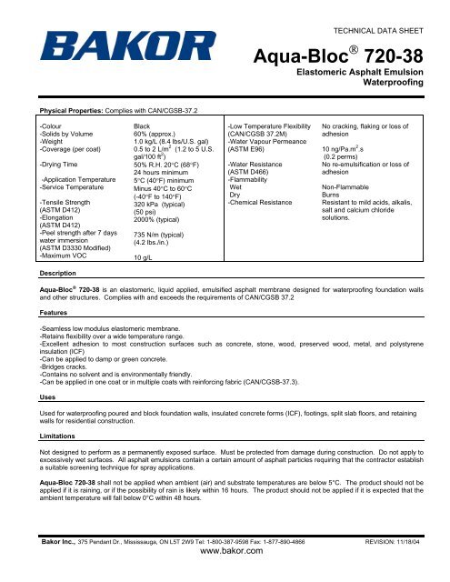 Bakor 720-38 Aqua-Bloc Product Data Sheet - Brock White