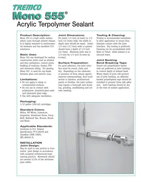 Tremco Mono 555 Product Data Sheet - Brock White