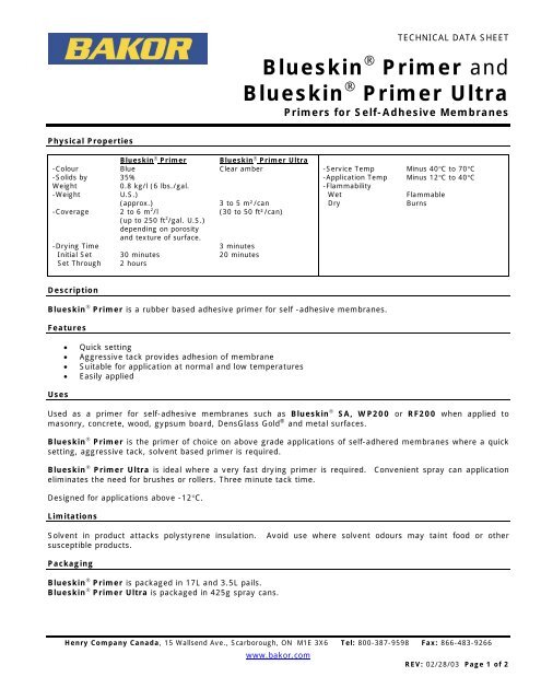Bakor Blueskin Primer Ultra Product Data Sheet - Brock White