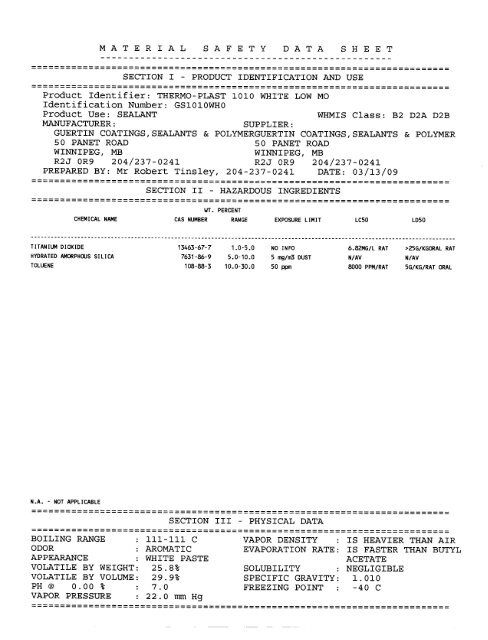 Product Use: SEALANT WHMIS Class: B2 D2A D2B ... - Brock White