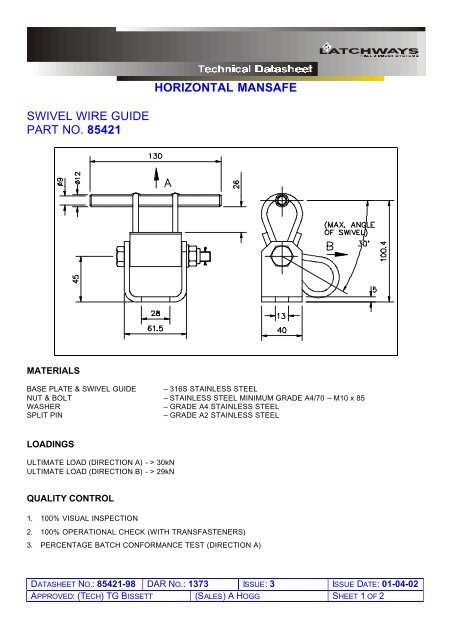 HORIZONTAL MANSAFE SWIVEL WIRE GUIDE PART NO. 85421