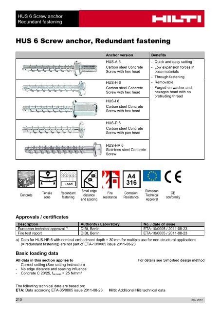 HUS 6 Screw anchor, Redundant fastening - Motek