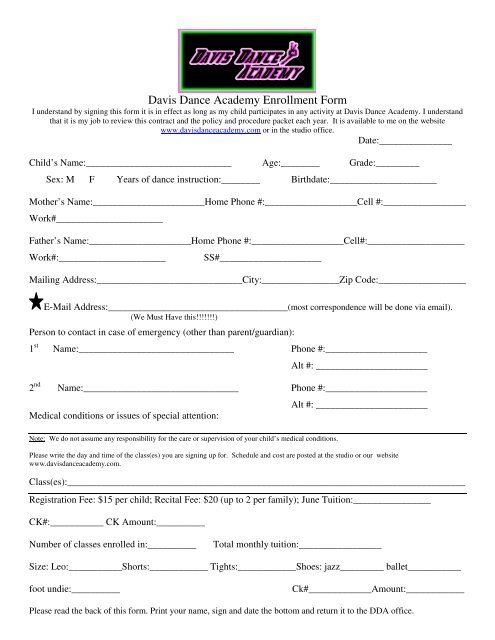 Davis Dance Academy Enrollment Form
