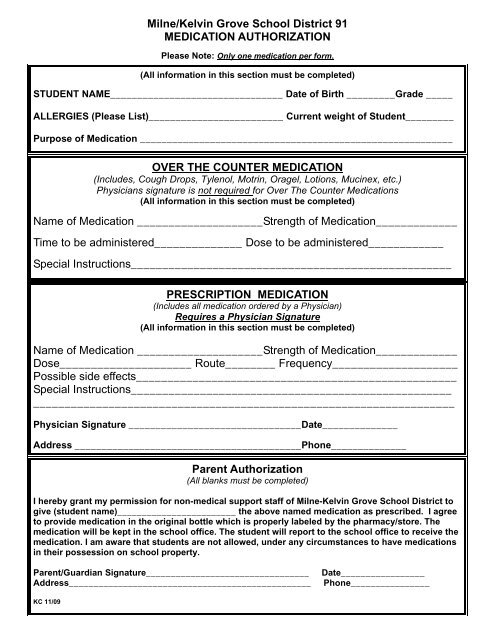 Medication Authorization Form - Milne-Kelvin Grove School District 91