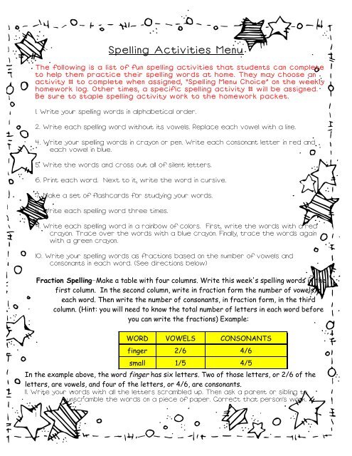 Spelling Activities Menu