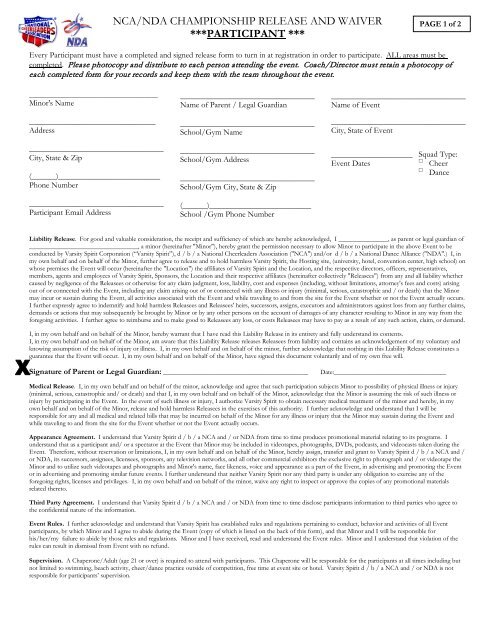 participant release and waiver form - National Cheerleaders ...