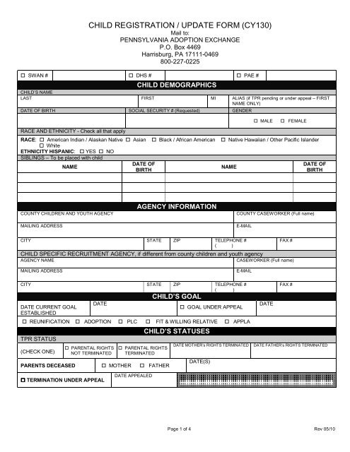 CY130 Child Registration-Update Form - Pennsylvania Adoption ...