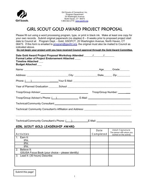 girl scout gold award project proposal - Girl Scouts of Connecticut
