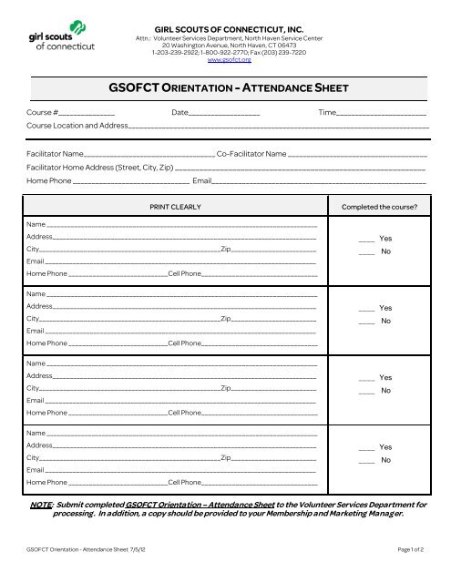Orientation Attendance Sheet - Girl Scouts of Connecticut