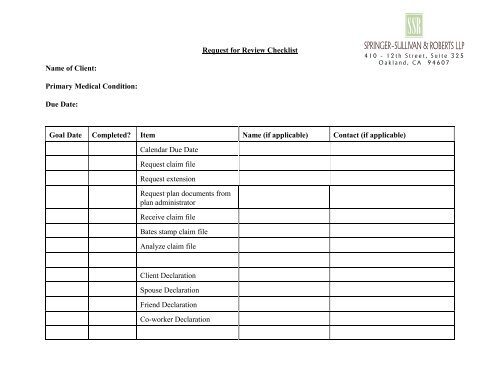 Request for Review Checklist Name of Client: Primary Medical ...